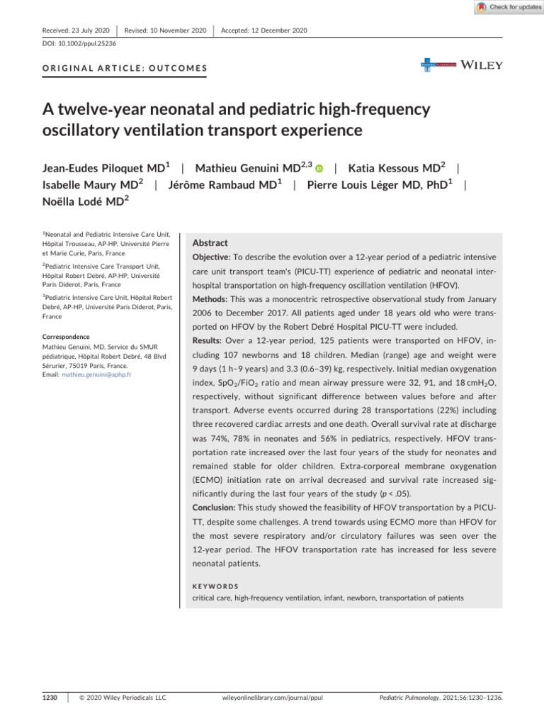 HFOV Transport Outcomes in Pediatrics | PDF | Pulmonology | Intensive ...