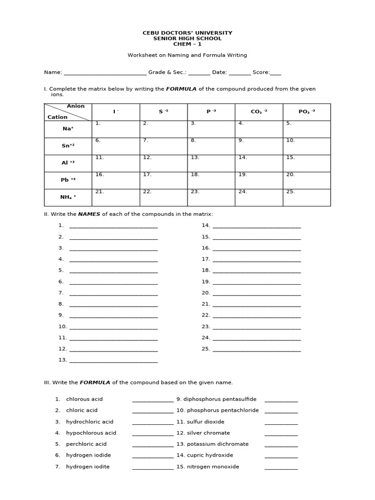 Naming and Formula Writing Worksheet (2425) | PDF | Hydroxide | Molecules