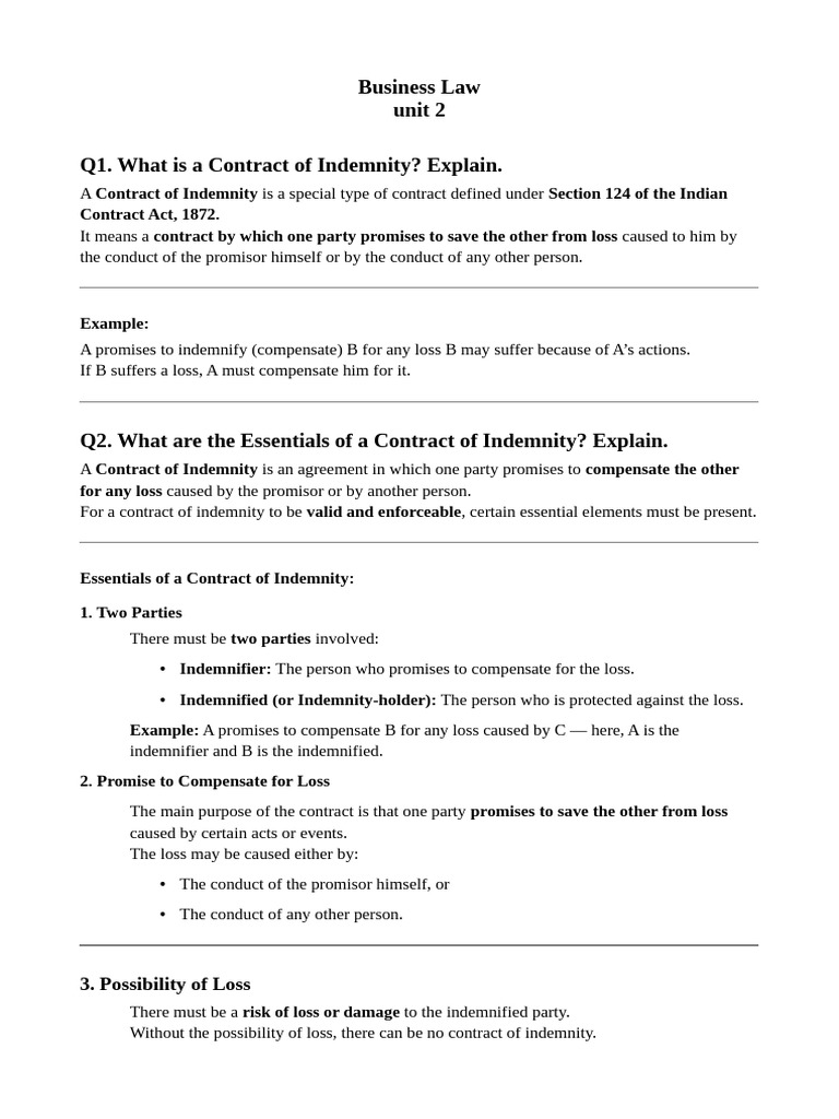 Business Law Unit 2 | PDF | Guarantee | Indemnity