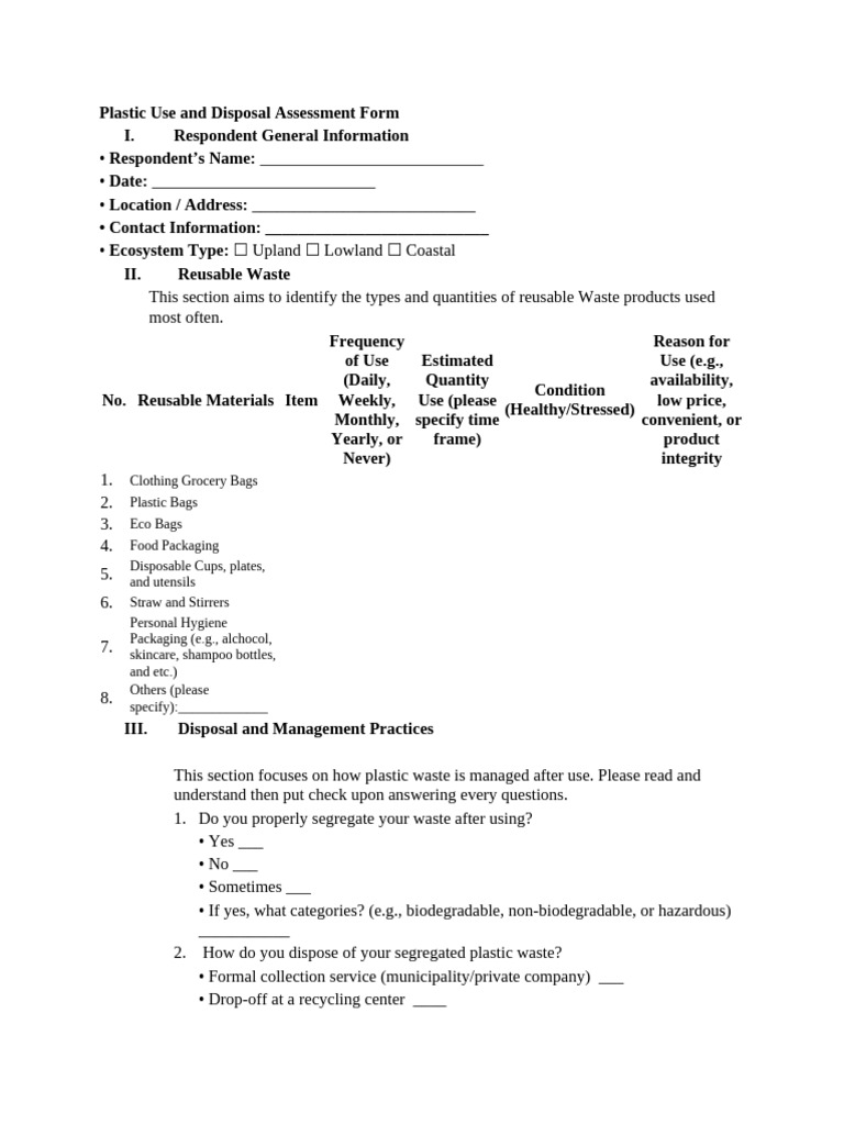 Plastic Use and Disposal Survey Form | PDF | Plastic | Waste Management