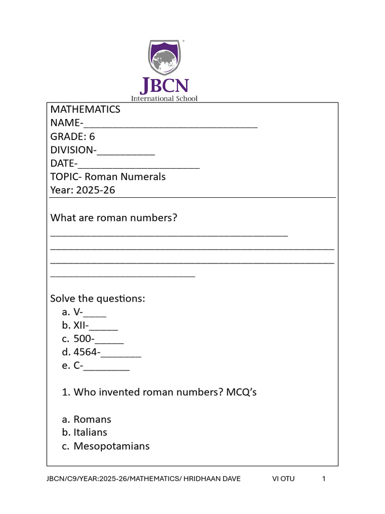 Roman Numerals - Grade VI Ekam, Uno, Ena, Otu | PDF