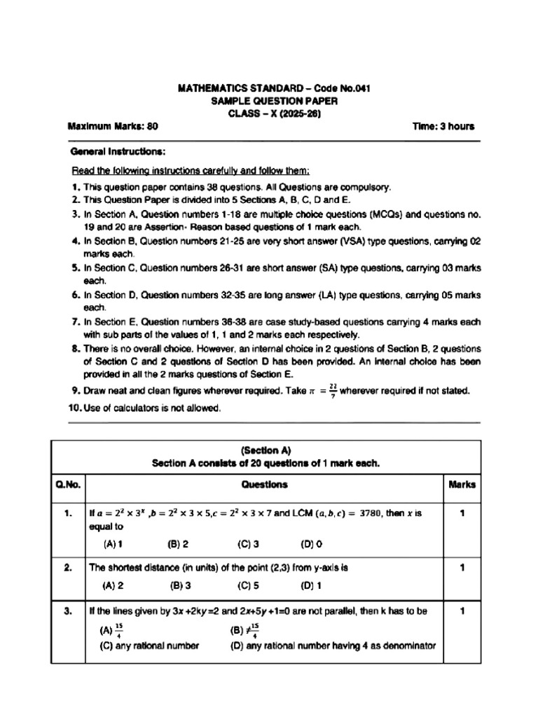 Class-10 Maths (Cbse) Official Sample Paper (2025-26) | PDF