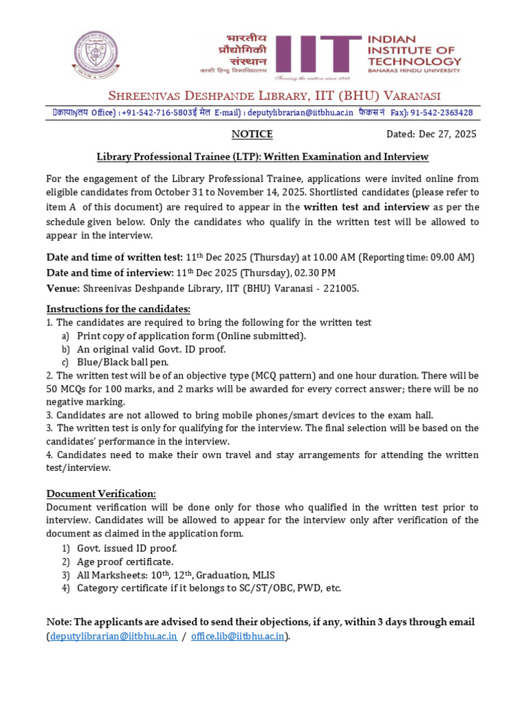 IIT BHU Library Trainee Exam Notice | PDF | Multiple Choice