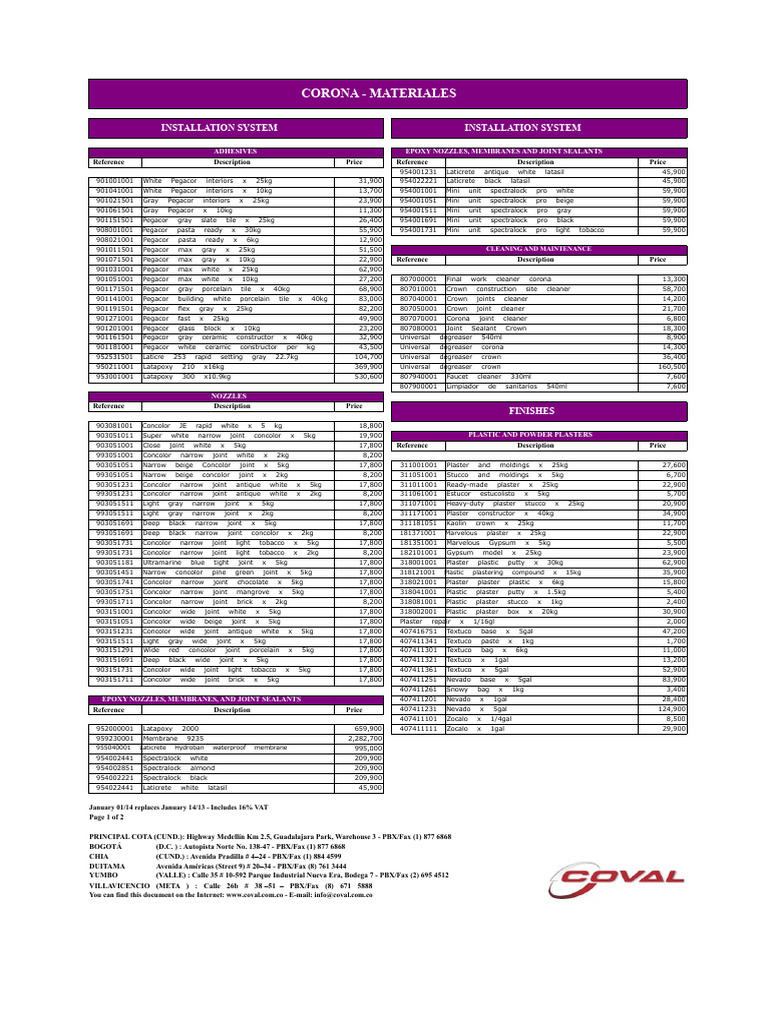 Corona Price List - Coval | PDF | Plaster | Materials