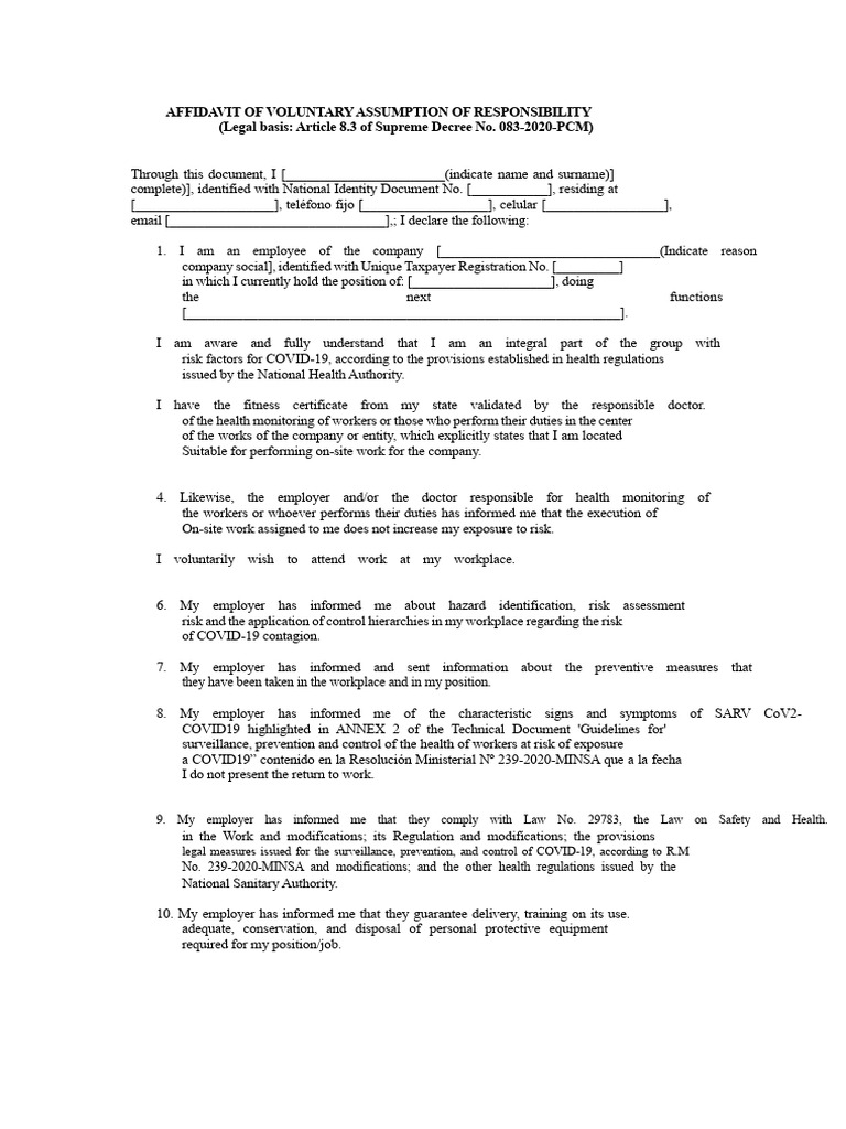 Voluntary Responsibility Assumption Affidavit | PDF | Occupational ...