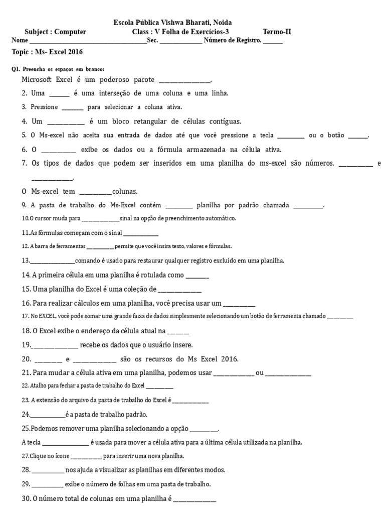 folha de exercícios 3 turma V 21 nova | PDF | Microsoft Excel | Planilha