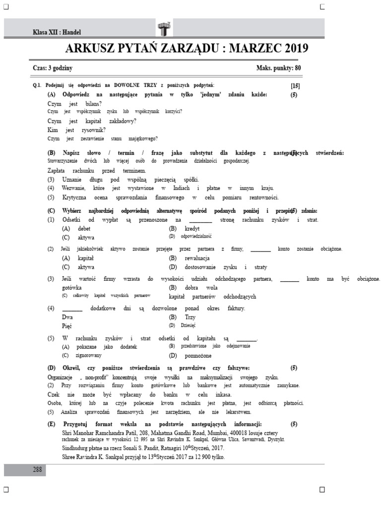 Księgowość i rachunkowość Marzec 2019 Klasa 12. Handel HSC Maharashtra Zestaw pytań | PDF