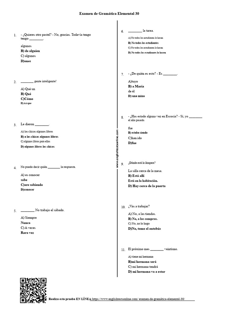 Prueba de Gramática Elemental 1561 30 | PDF