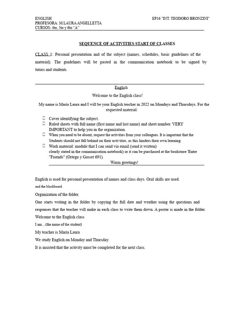 English Class Activities Overview | PDF | English Language | Learning