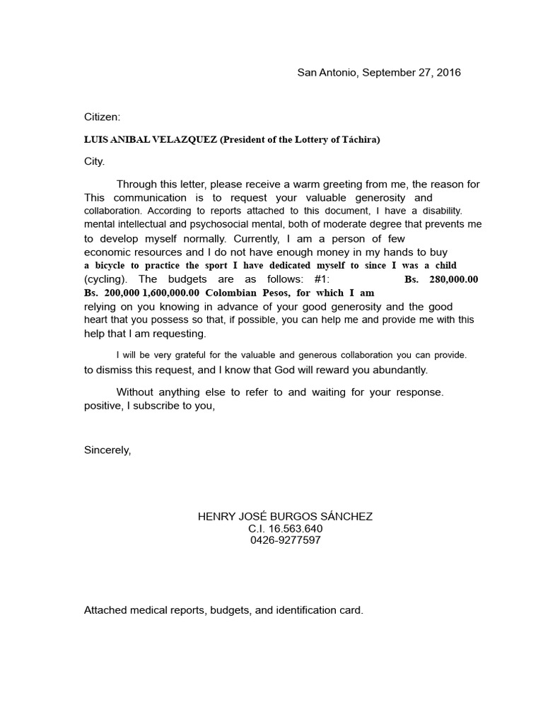 Letter From Henry Burgos Requesting A Bicycle | PDF