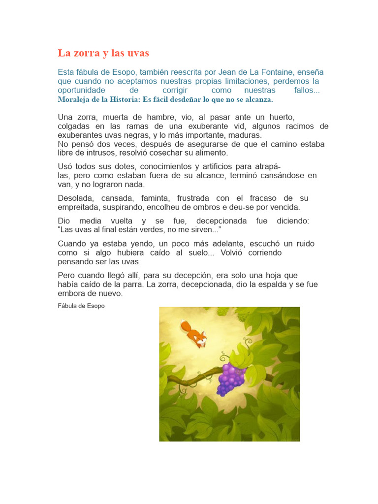 Fábula de Esopo: La zorra y las uvas | PDF