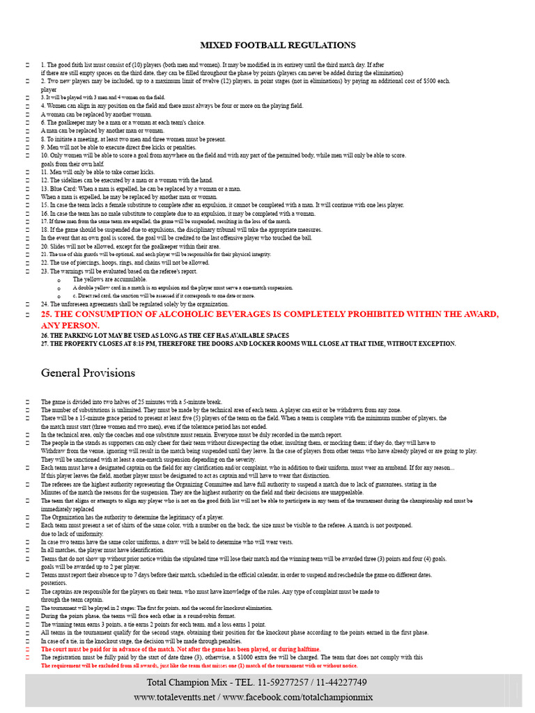 Mixed Football Regulations Overview | PDF | Sports | Sports Rules And ...