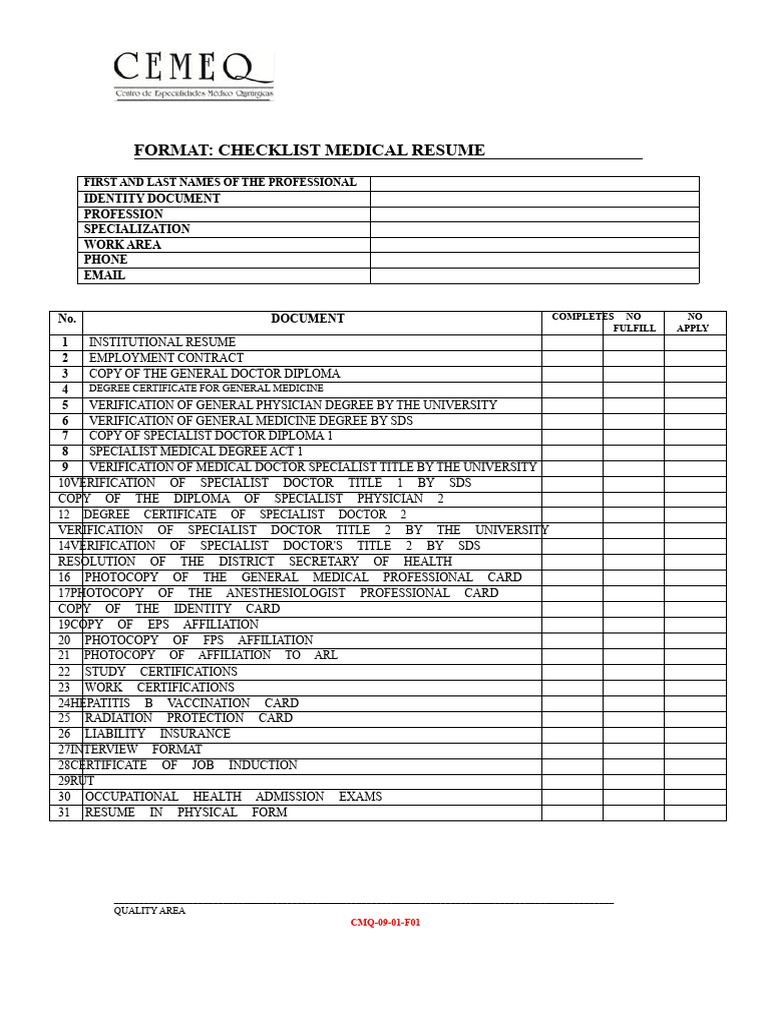Medical Resume Checklist Guide | PDF
