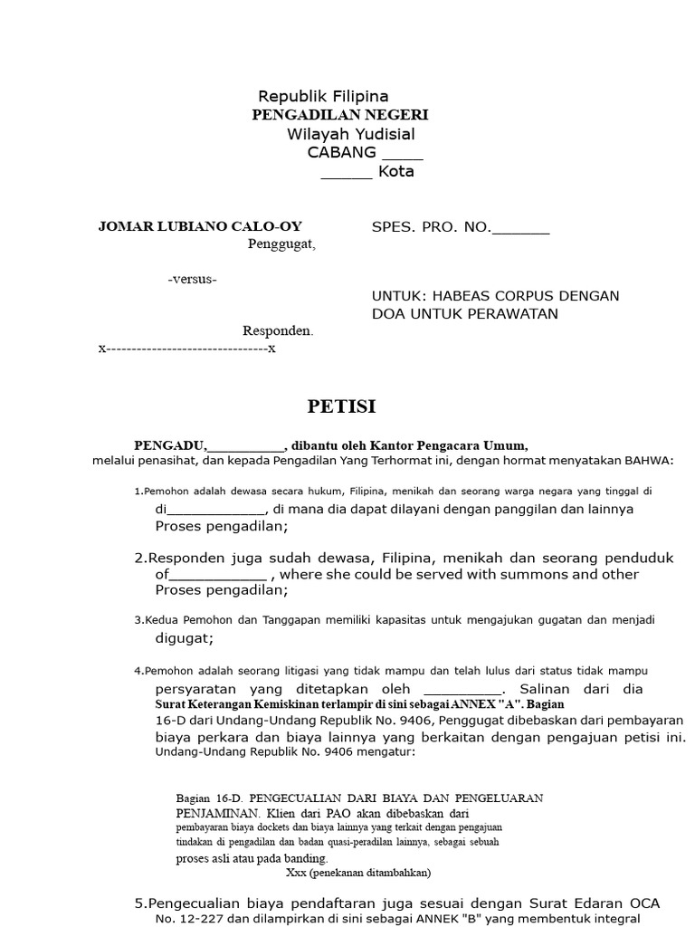 PETISI UNTUK HABEAS CORPUS Dengan KEPENGAWASAN | PDF