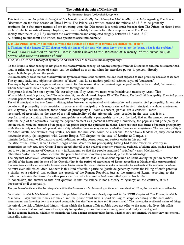 Machiavelli's Political Thought Explained | PDF | The Prince | Niccolò ...