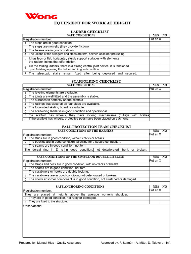 Checklist of Equipment For Work at Heights | PDF | Scaffolding