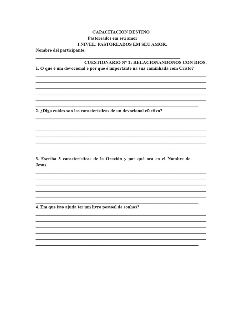 CAPACITAÇÃO DESTIN1 questionário 2 | PDF | Oração | Graça no cristianismo