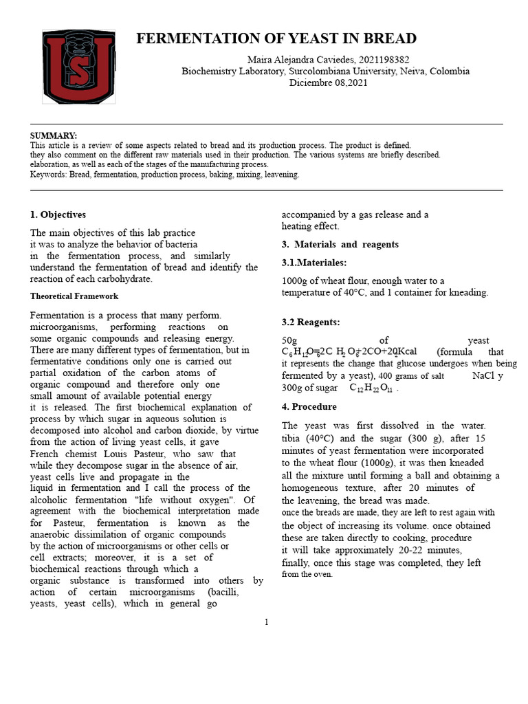 Report On Yeast Fermentation in Bread | PDF | Breads | Fermentation