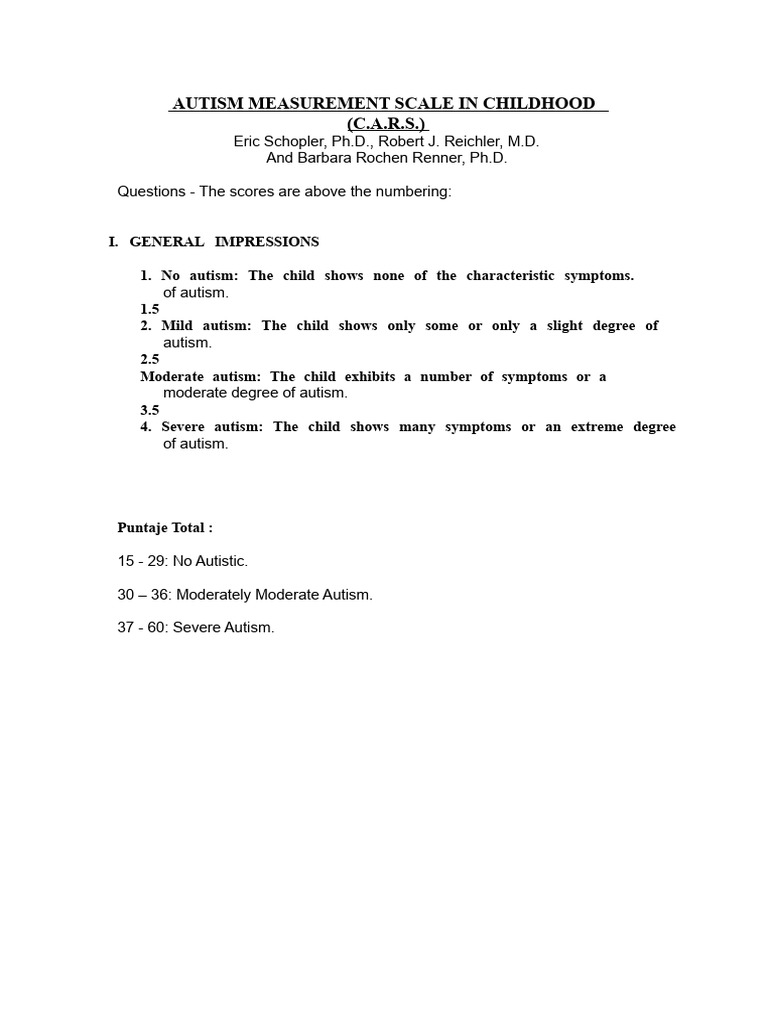 Measurement Scale Protocol, C.A.R.S Scoring Sheet | PDF
