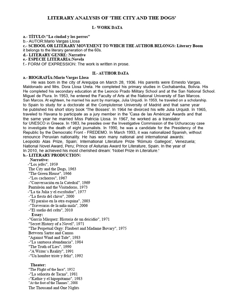 Literary Analysis of THE CITY AND THE DOGS | PDF | Narration