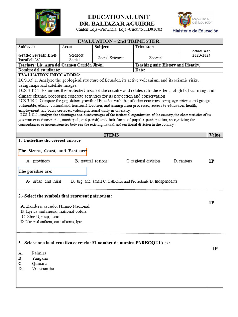 FIRST TRIMESTER EVALUATION 7th GRADE QUINARA - SOCIAL STUDIES. | PDF ...