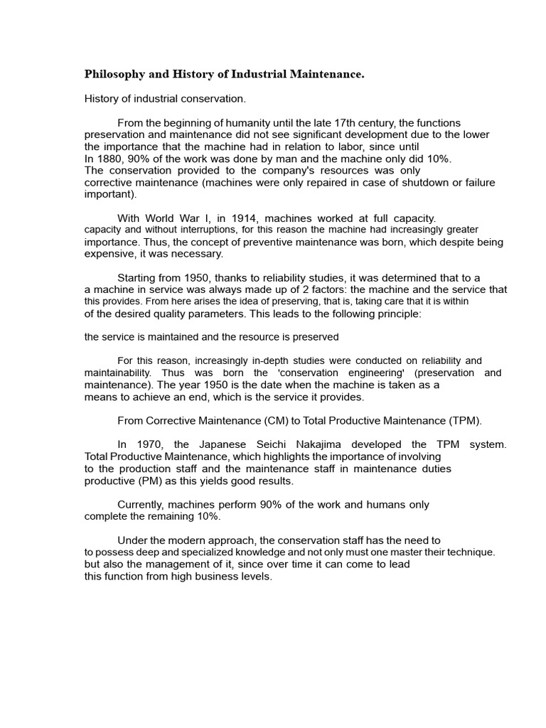 Philosophy and History of Industrial Maintenance | PDF | Reliability ...