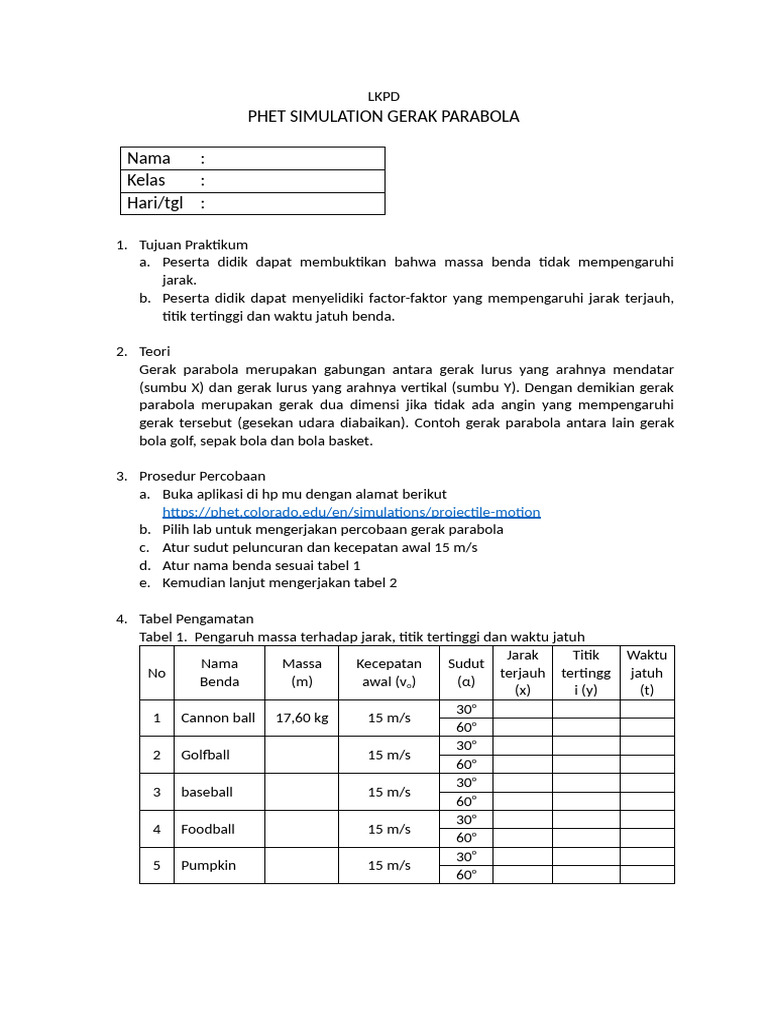 LKPD Gerak Parabola | PDF