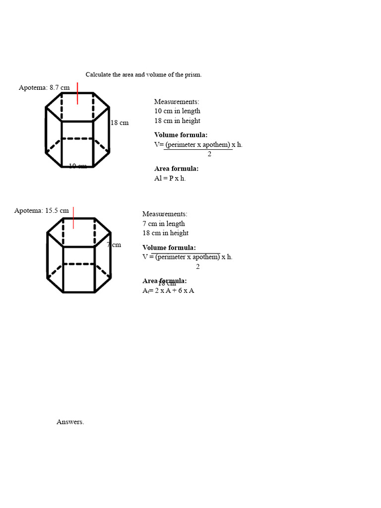 Hexagonal Prism Area and Volume Calculations | PDF | Area | Volume