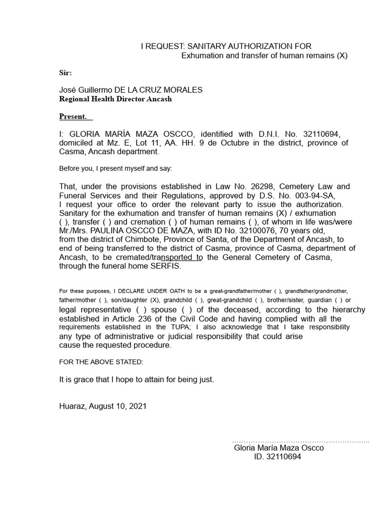 Exhumation Request and Power of Attorney Letter | PDF | Justice | Crime ...