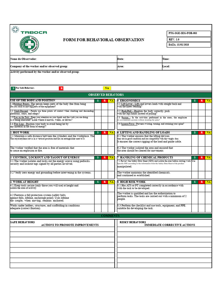 Behavioral Observation Safety Form | PDF | Safety | Occupational Safety ...