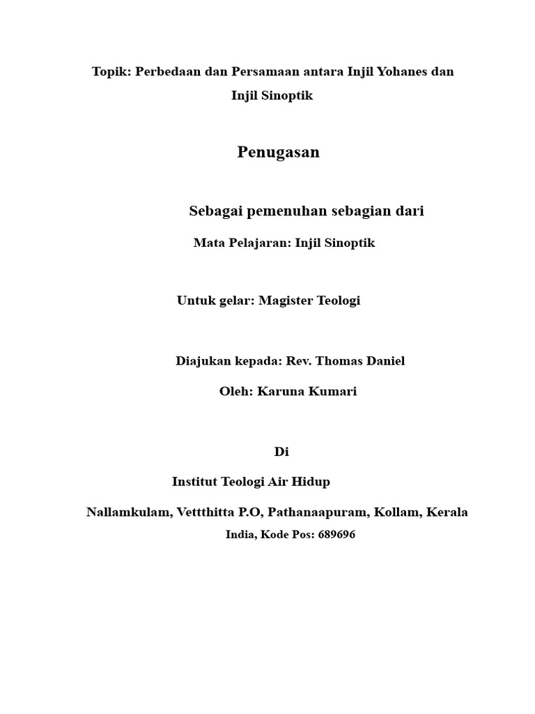 Perbandingan Injil Yohanes dan Sinoptik | PDF