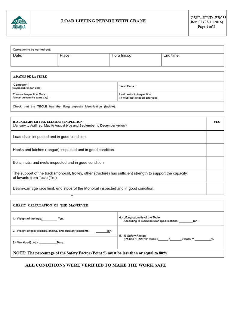 Crane Load Lifting Permit Template | PDF | Crane (Machine)