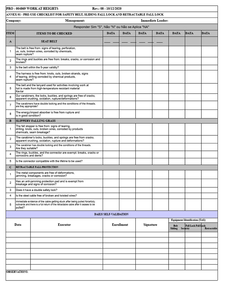 PRO-004869 - 08 - Annex 01 - Pre-Use Checklist - Belt, Sliding Fall ...