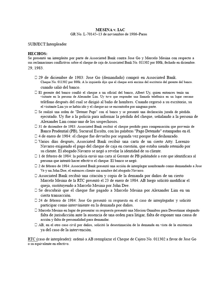 Mesina v. IAC (Resumen) | PDF | Cheque | Bancos