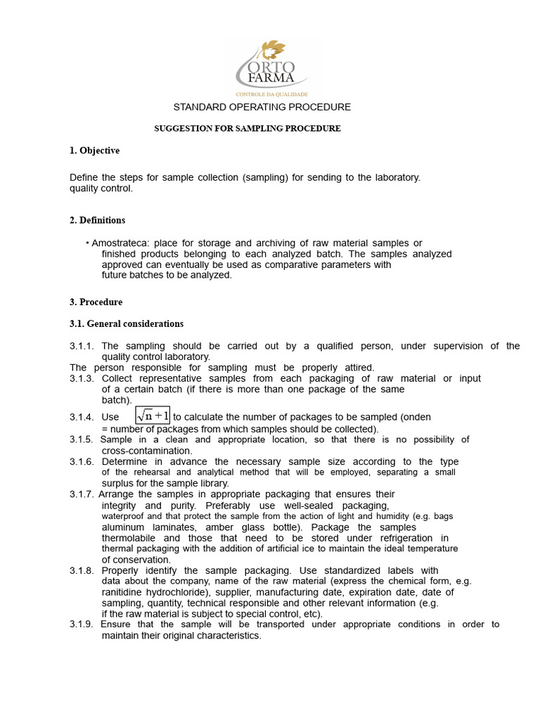 POP Suggestion of Procedure For Sampling.12.08.11 | PDF | Purified ...
