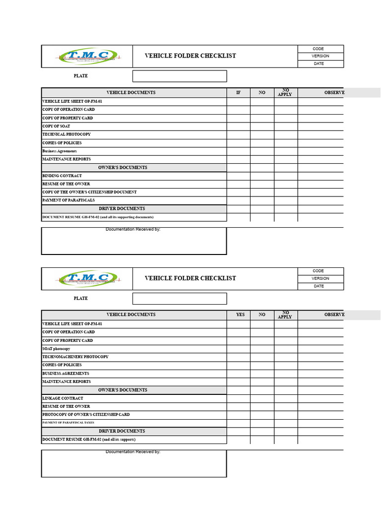 Op-Fm-02 Vehicle Folder Checklist V.1 | PDF