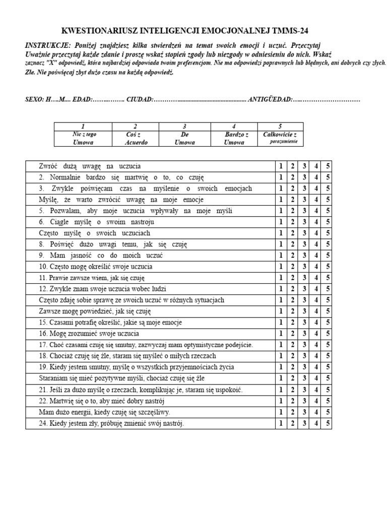 Kwestionariusz Inteligencji Emocjonalnej TMMS-24 | PDF