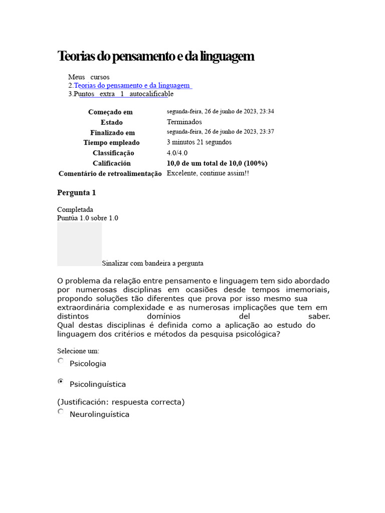 Teorias do Pensamento e da Linguagem Pontos Extras 1 Autoavaliável | PDF