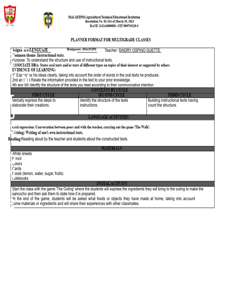 Multigrade Instructional Text Planner | PDF | Writing | Learning