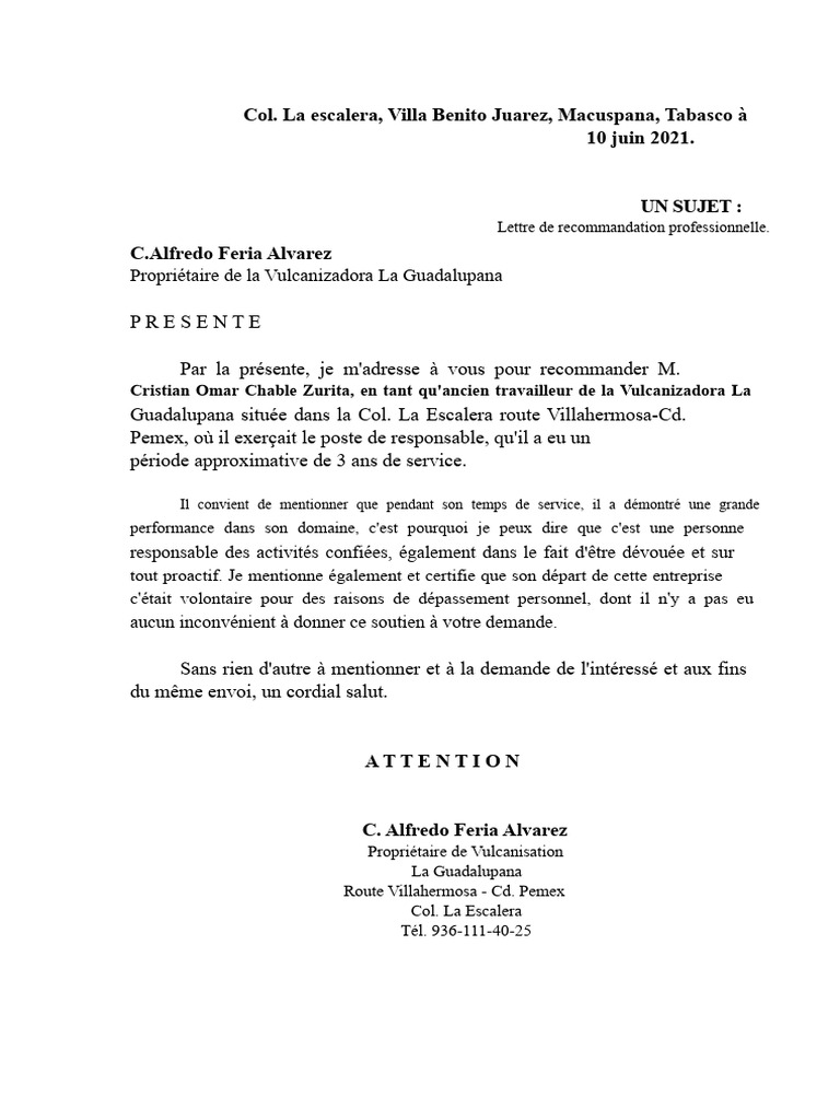 Lettre de recommandation pour Cristian Chable | PDF