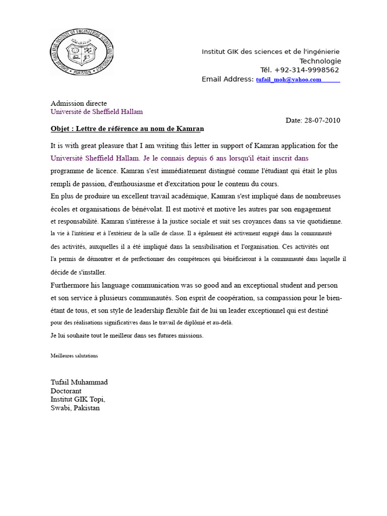 Lettre de référence pour Kamran | PDF