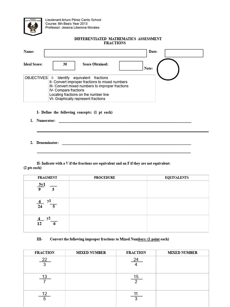 TEST ON PROPER AND IMPROPER FRACTIONS 6th GRADE | PDF | Numbers ...