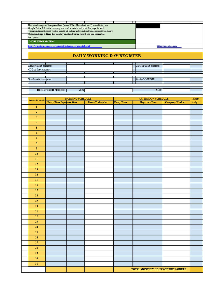 Daily Work Hours Register Template | PDF