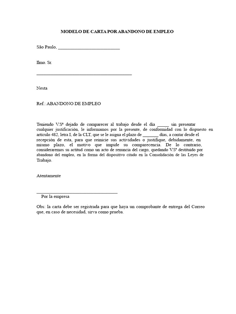 Carta de Aviso por Abandono Laboral | PDF