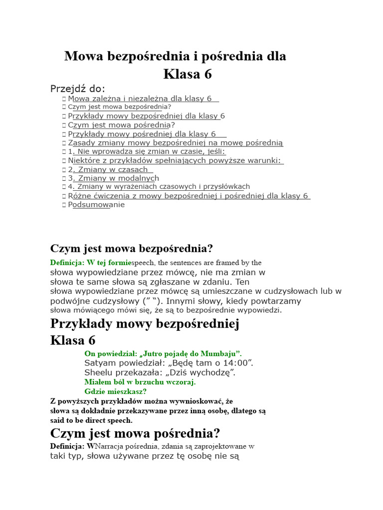 Mowa Bezpośrednia I Pośrednia Dla Klasy 6 | PDF
