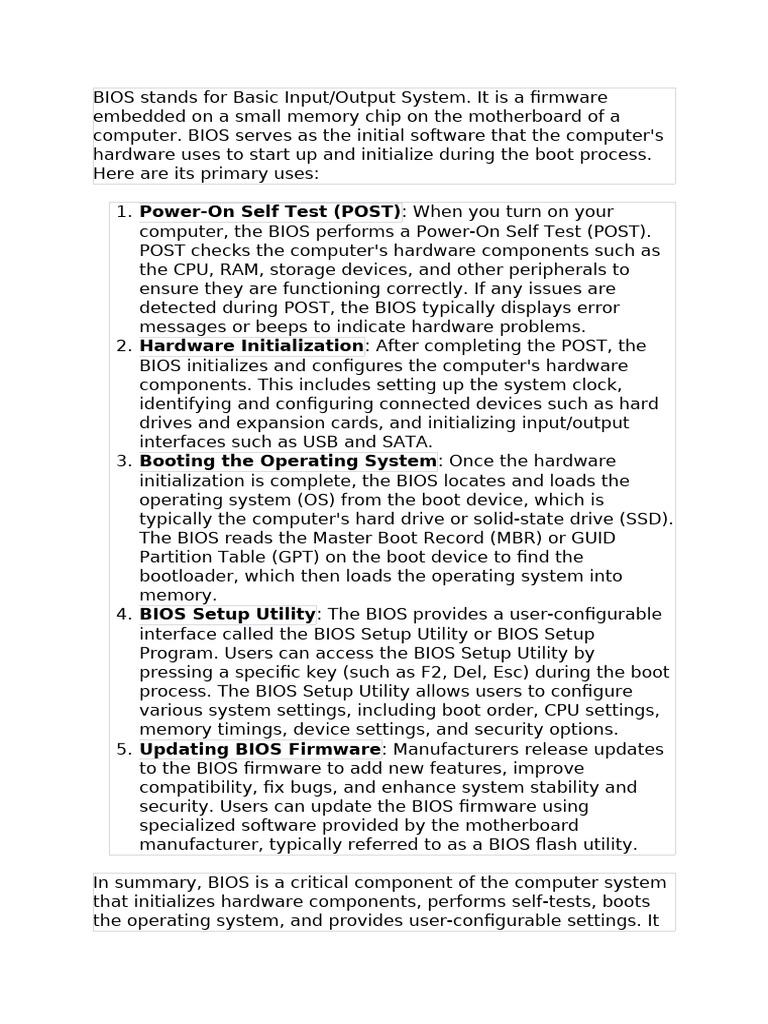 BIOS Stands For Basic Input For Computer Hardware | PDF | Bios | Booting