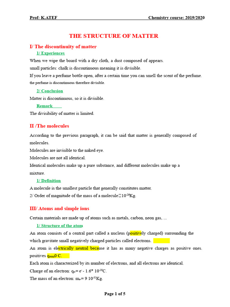Structure of Matter in Chemistry | PDF | Ion | Molecules