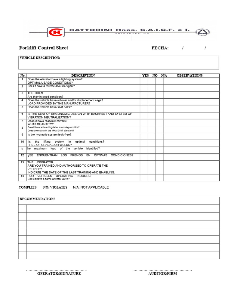 Forklift Control Sheet | PDF