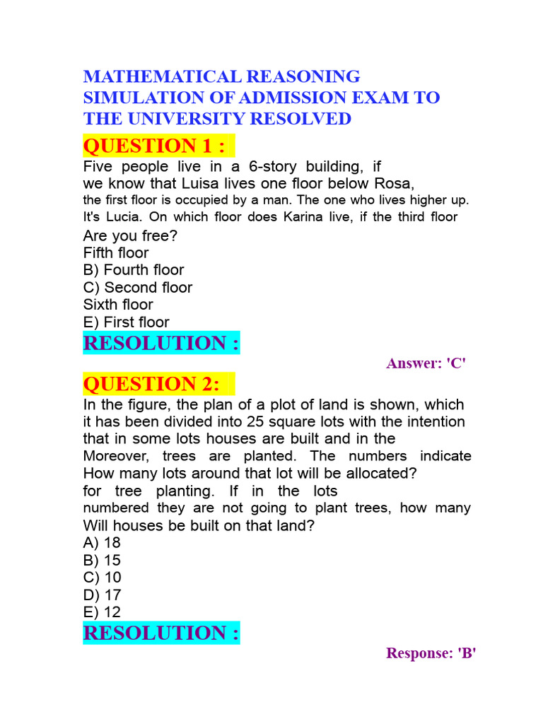 Mathematical Reasoning Simulated University Admission Exam Solved | PDF ...