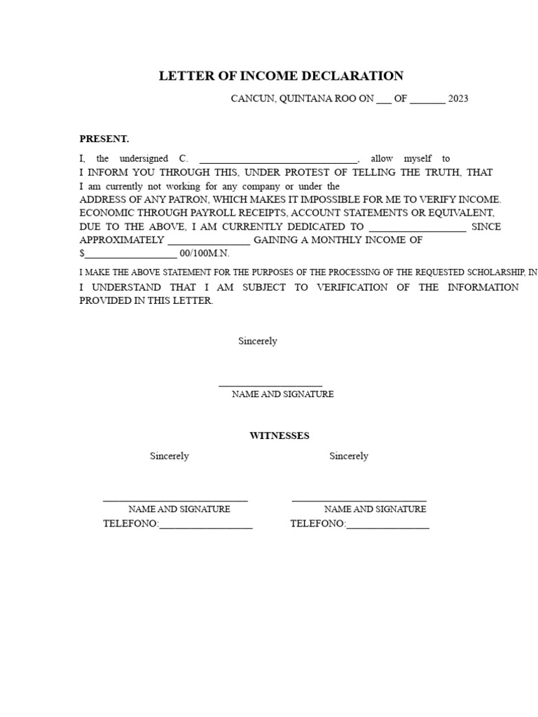 Income Declaration Letter Template | PDF